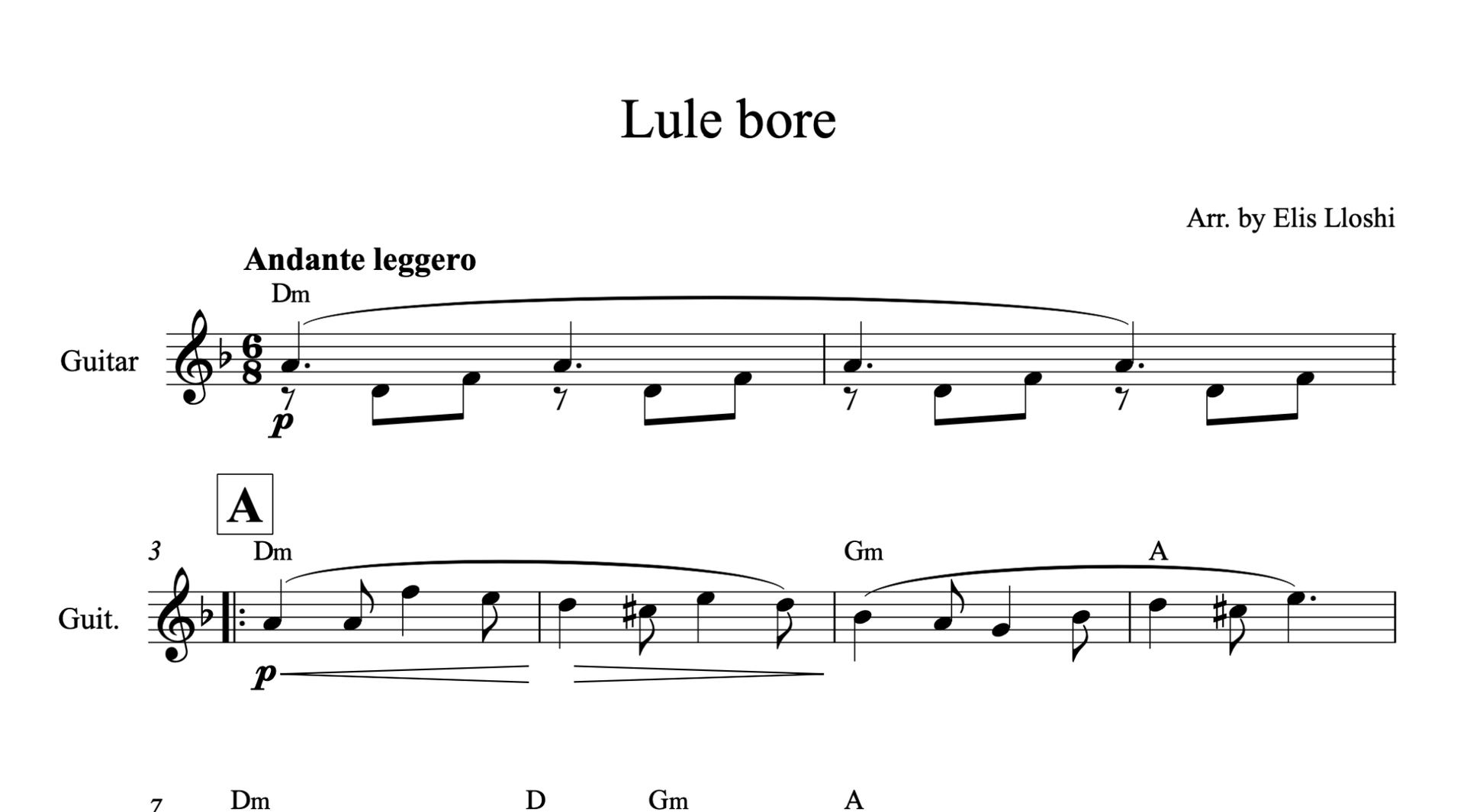 Lule bore, Guitar sheet + chords – Alb Music Notes